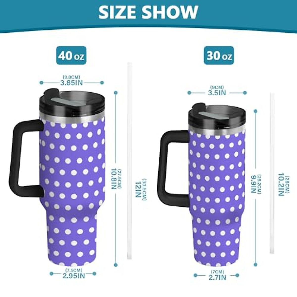 Flradish 30oz Tumbler with Handle, Polka Dots Purple White Stainless Steel Tumbler with Lid and Straws Double Wall Vacuum Insulated Leakproof Coffee Travel Mug