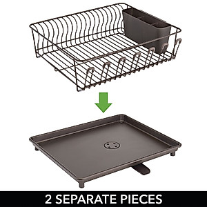 mDesign Alloy Steel Sink Dish Drying Rack Holder with Plastic Swivel Spout Drainboard Tray - Dish Rack/Dish Drainer Storage Organizer for Kitchen Counter - Concerto Collection, Bronze
