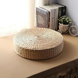 11.8In/30CM Hand-Woven Natural Cattail Mat Cushion Pouf, Japanese Style Round Straw Seat Pad, Handmade Floor Pouf for Party Living Room Bay Window 1 Count (Kids)