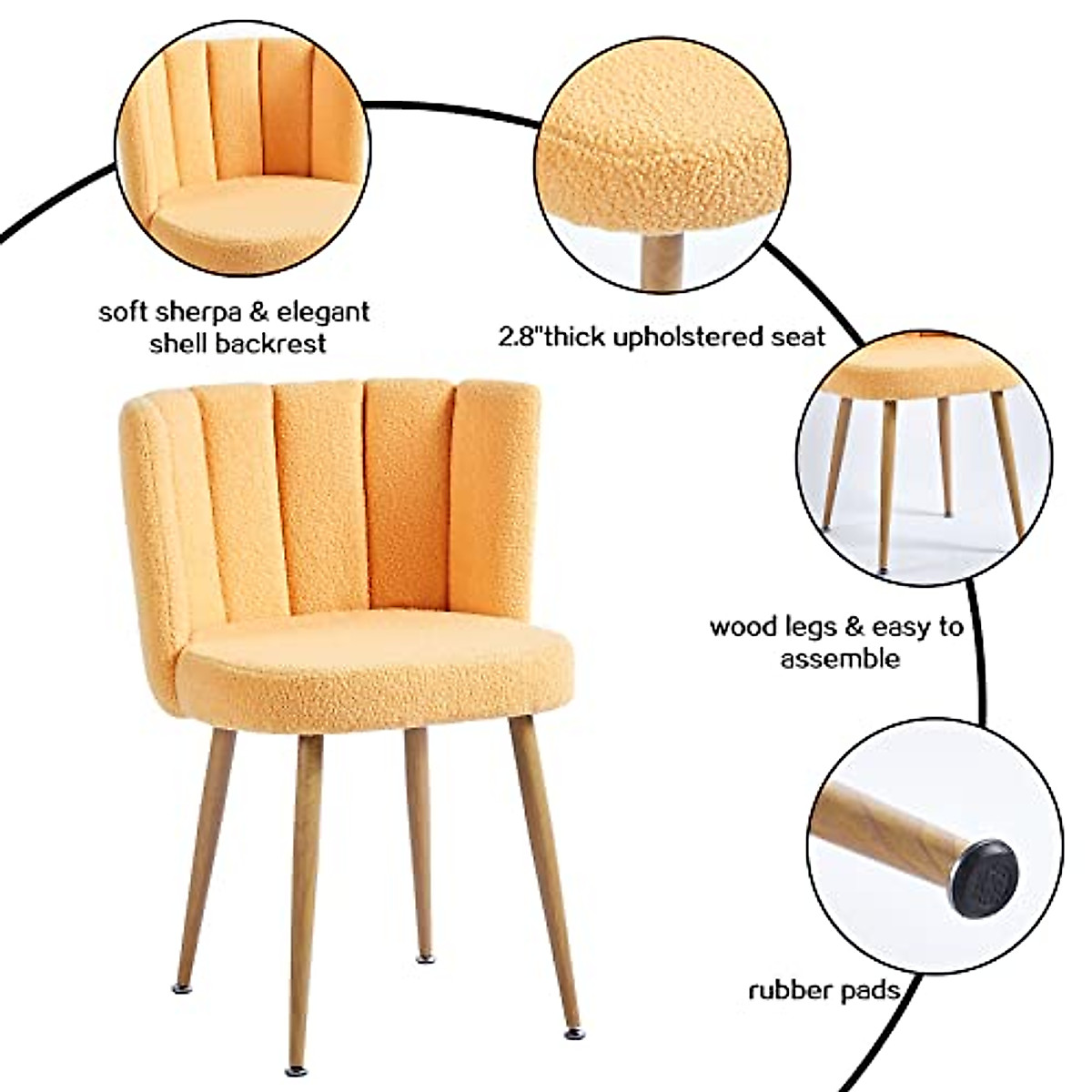 ATSNOW Yellow Sherpa Accent Chairs Set of 2, Mid Century Modern Upholstered Side Chairs for Dining Room Living Room Bedroom Vanity