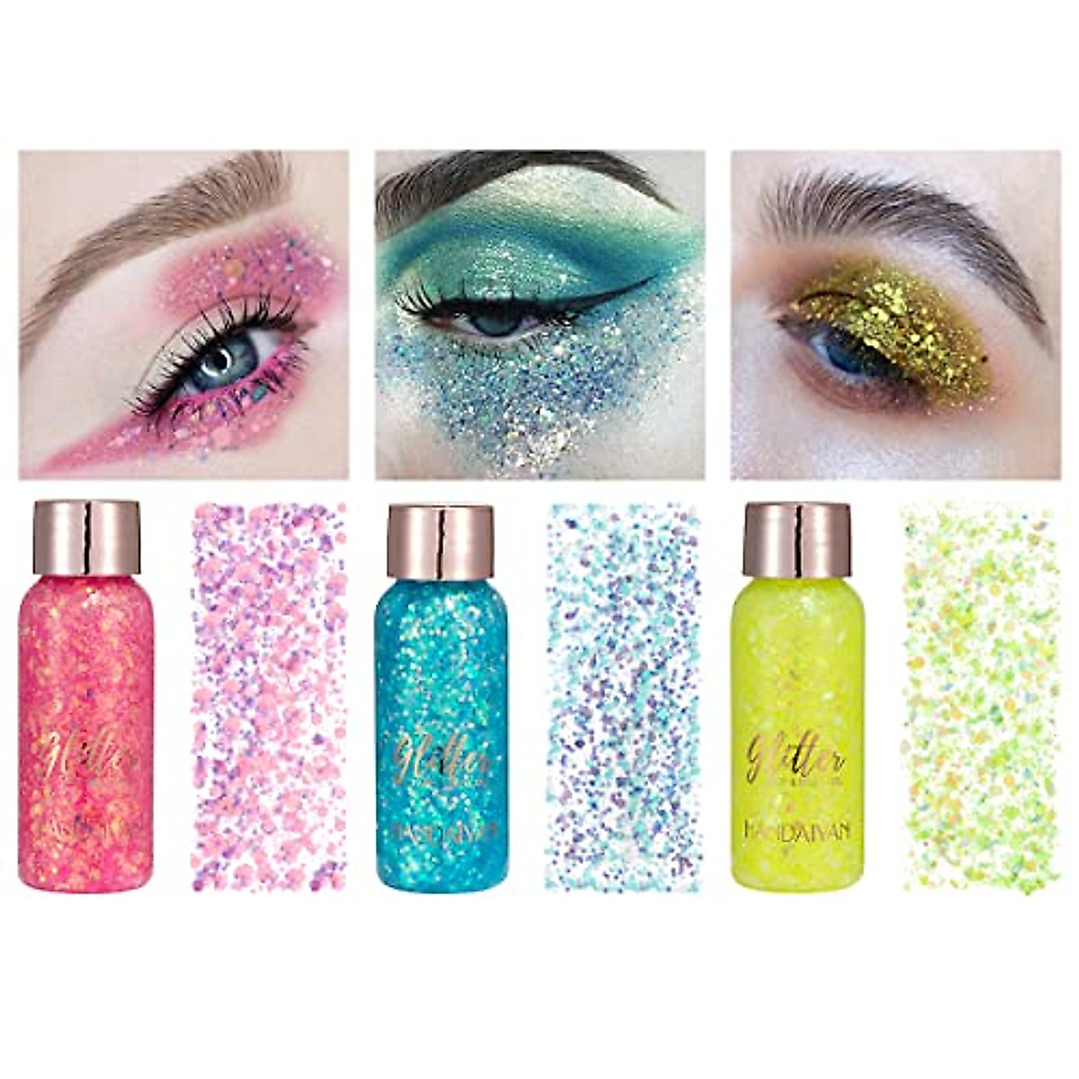 3 Color Body Glitter Gel Set, Mermaid Sequins Skin Long Lasting Sparkling Liquid Eyeshadow Lip Nail Hair Painting Glitter Laser Powder Decorate Art Festival Party Makeup 32ml*3 (Set B)