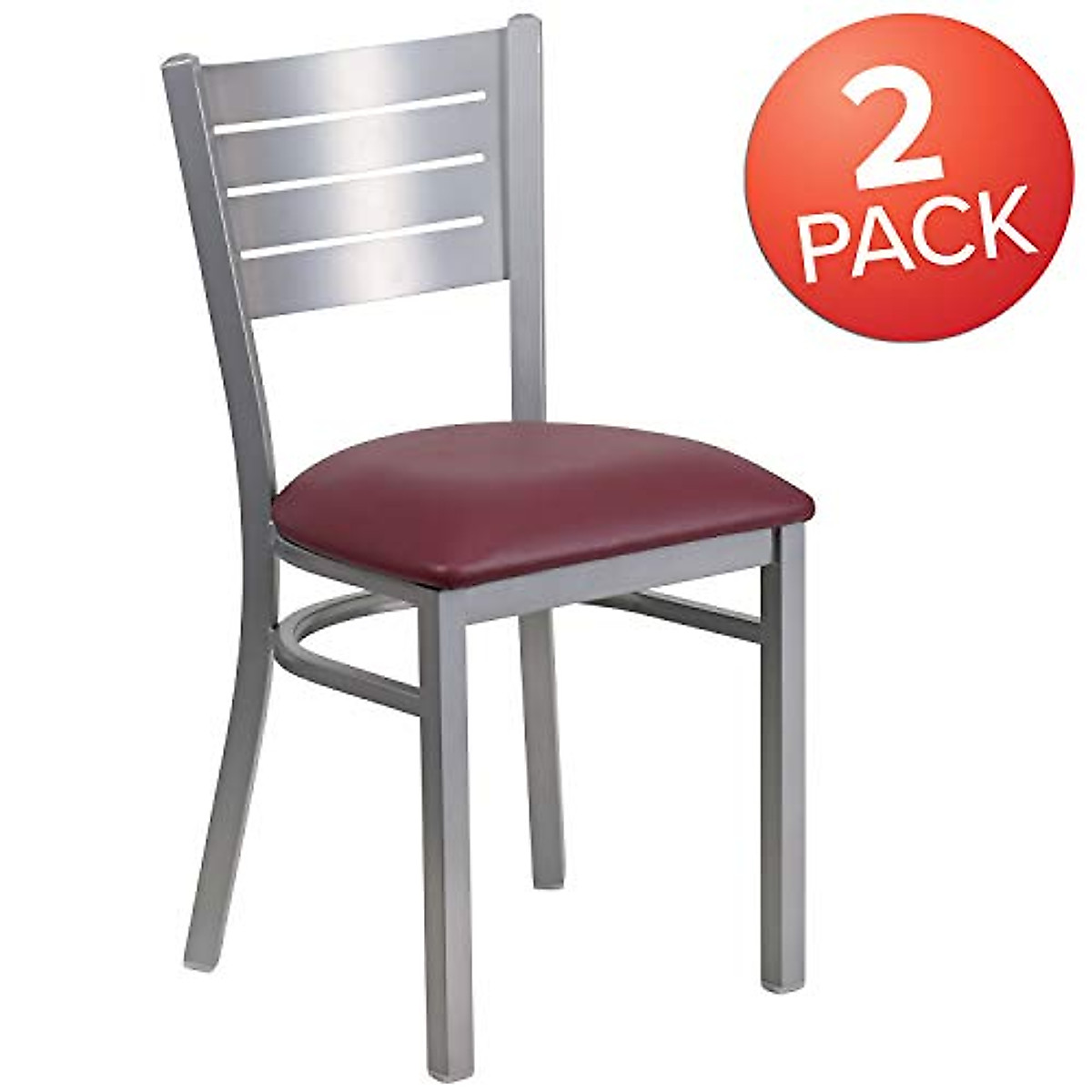 Flash Furniture 2 Pk. HERCULES Series Silver Slat Back Metal Restaurant Chair - Burgundy Vinyl Seat