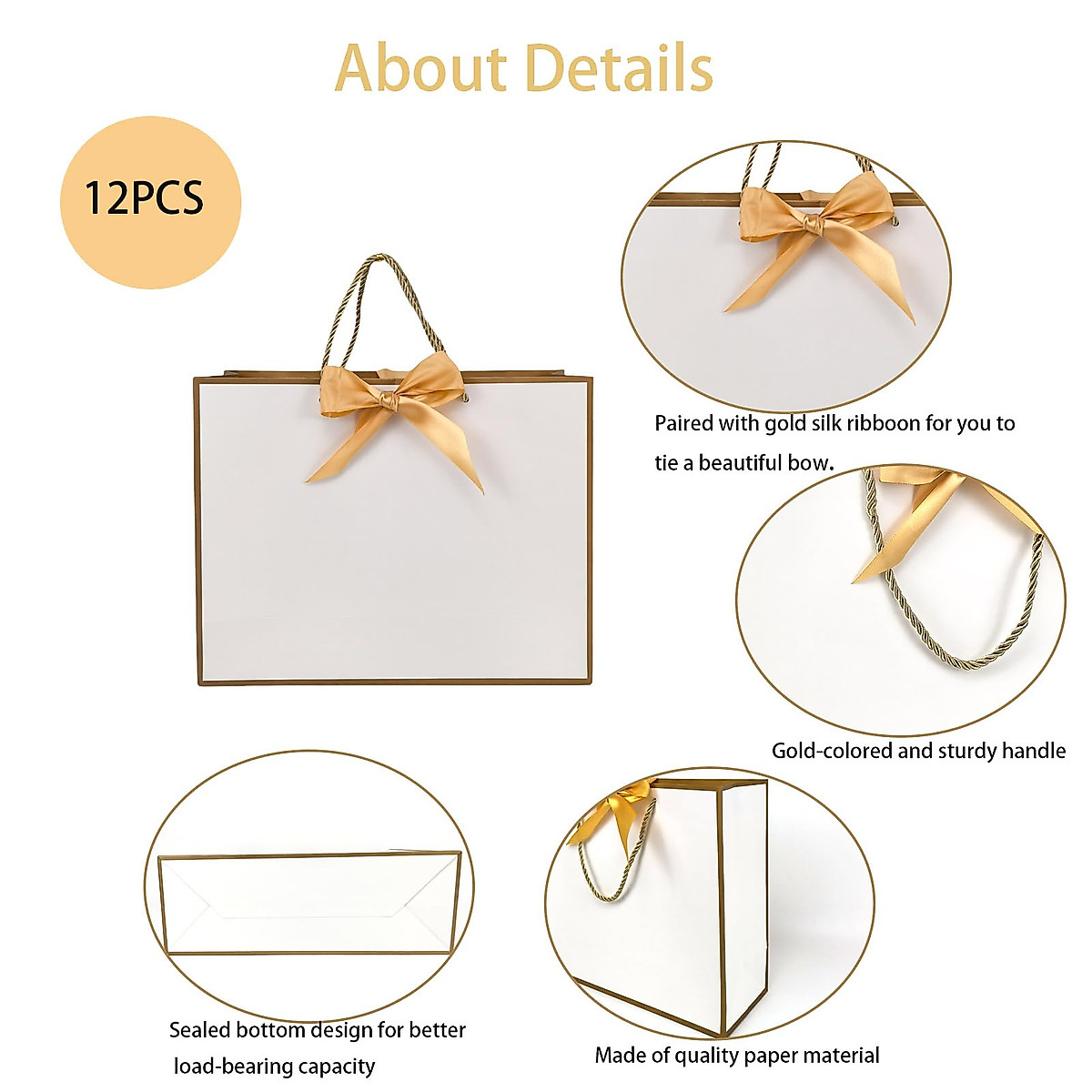 TKSBAG 12PCS Gift Bags with Handles, 12.5 x 9.8 x 4.3 Gift Bags Large, White Gold Thank You Bags with Bow Ribbon for Wedding, Birthday, bridesmaid, Groomsmen, Christmas