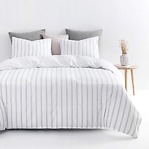 Wake In Cloud - Striped Comforter Set, Ticking Stripe Vertical Pinstripe Neutral Farmhouse Pattern Printed, Soft Lightweight Bedding, 3 Pieces, Gray White, Queen Size