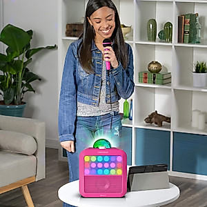 Singsation Star Burst Portable Karaoke Machine, Bluetooth, Room-Filling Light Show with 10 Light Functions, 6 Amazing Sound Effects, 2 Microphones Included for Duets, Pink