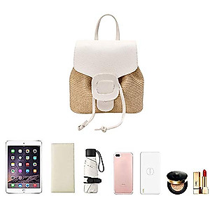 Hoce Straw Backpack Purse Mini Drawstring Flap Backpack for Women Beach (White)
