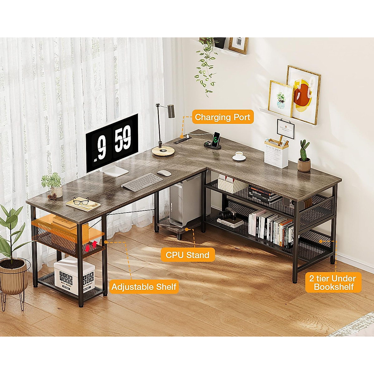 ODK 66" L Shaped Desk with Power Outlet and USB Charging Ports, Reversible L Shaped Computer Desk with Storage Shelves, Home Office Desk, Gaming Desk, Corner Desk, Grey Oak