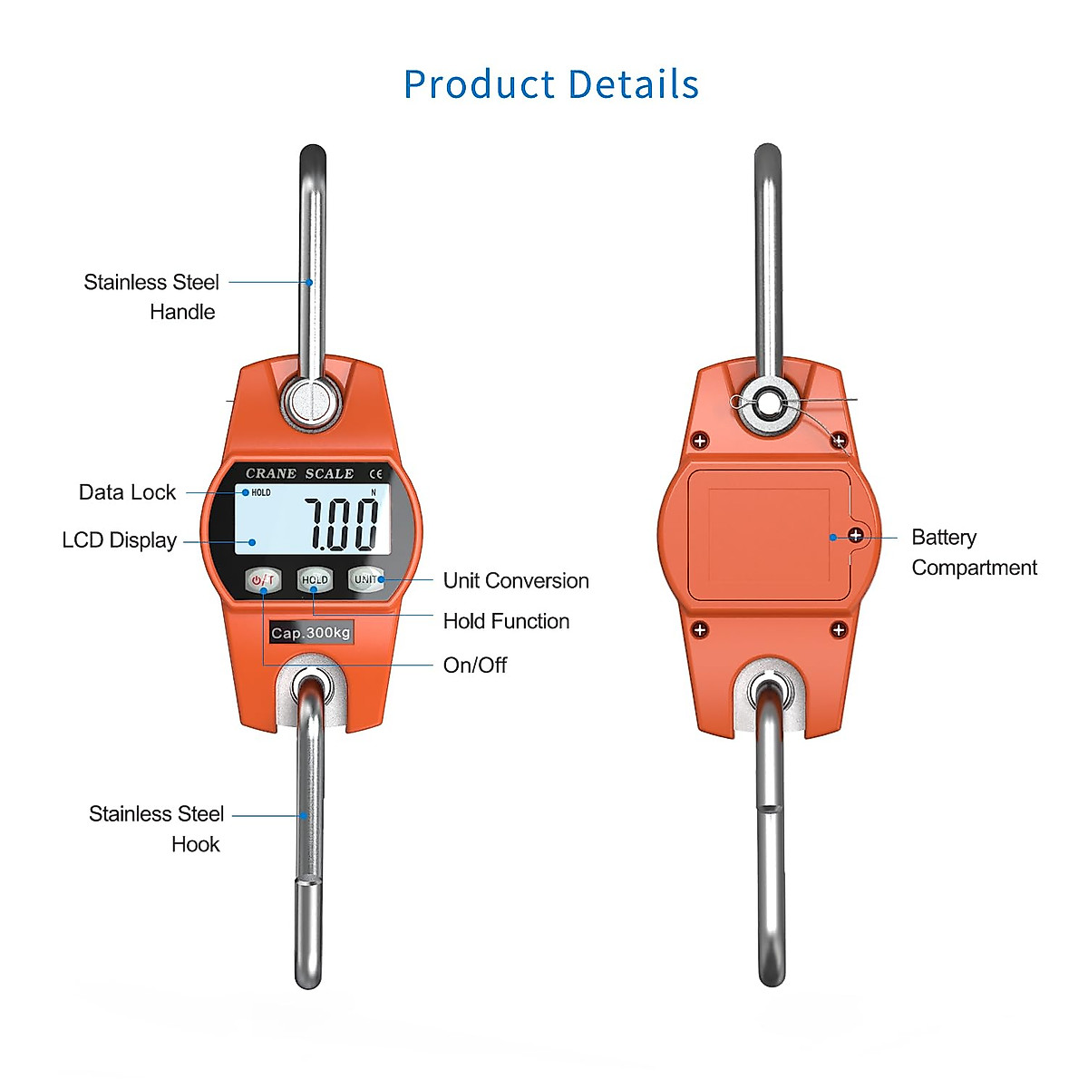 Outmate 660lb/300kg Digital Crane Scale - Compact LCD Handheld Hanging Scale for Garage, Farm, Hunting, Fishing & More(300kg/Plastic/Orange)