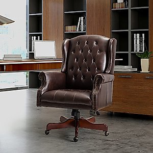 HULALA HOME Managerial Executive Swivel Office Chair with Height-Adjustable, Tufted Back & Nailhead Trim, High-Back Desk Chair for Home & Office, Faux Leather (Brown)