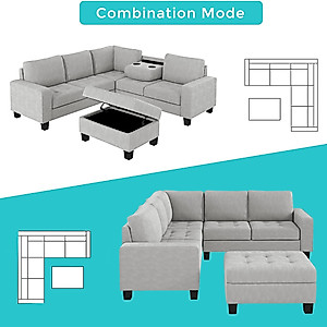 85''*85'' Sectional Corner Sofa L-Shape Couch Space Saving with Storage Ottoman & Cup Holders Design for Large Space Dorm Apartment,Light Grey