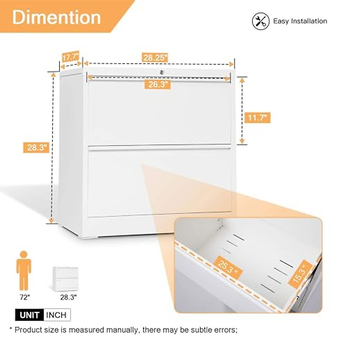 Aobabo 28.25 Inch Long Locking 2 Drawer Anti-Tilt Metal Office Storage Filing Cabinet with File Hanging Bar and 2 Keys, White