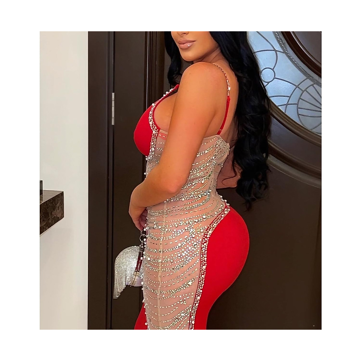 KELYWELL Women's Sexy Mesh Hot Drilling Process Mini Dress Spaghetti Straps Rhinestone Dress Party Club Night Dress (Red D,Small)