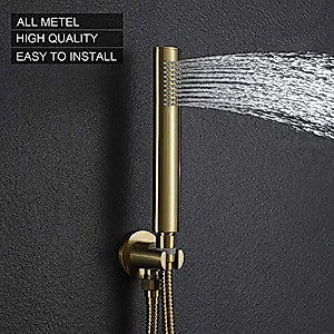 Gold Shower System, Ceiling Shower Faucet Has 12 Inch Round Gold Rain Shower Head With Handheld and Valve, TIPOK Brush Gold Rainfall Shower Head System