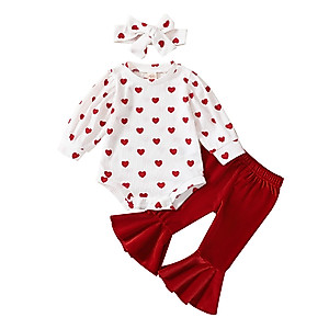 Tsnbre Newborn Baby Girl Valentines Day Outfit Heart Print Romper Tops Bell Bottom Pants Headband 3Pcs Clothes Set (Red, 0-3 Months)
