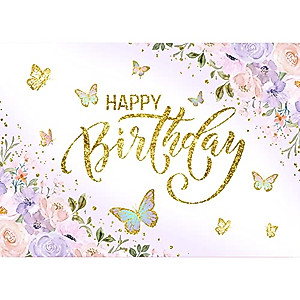 Homewelle Purple Pink Floral Butterfly Happy Birthday Backdrop for Girls 7Wx5H Feet Polyester Fabric Blush Peach Lilac Flowers Gold Birthday Party Decoration Photography Background Photo Shoot Prop