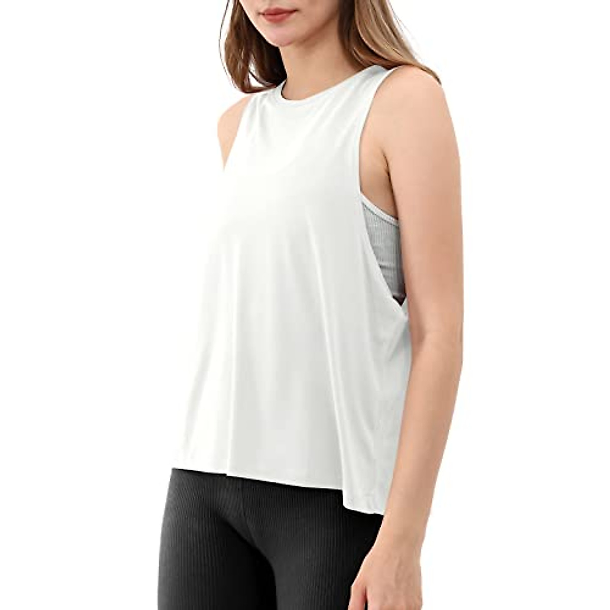 ODODOS 3-Pack Loose Tank Tops for Women Sleeveless Casual Athletic Workout Yoga Shirts, Black, White, Heather Grey, Medium