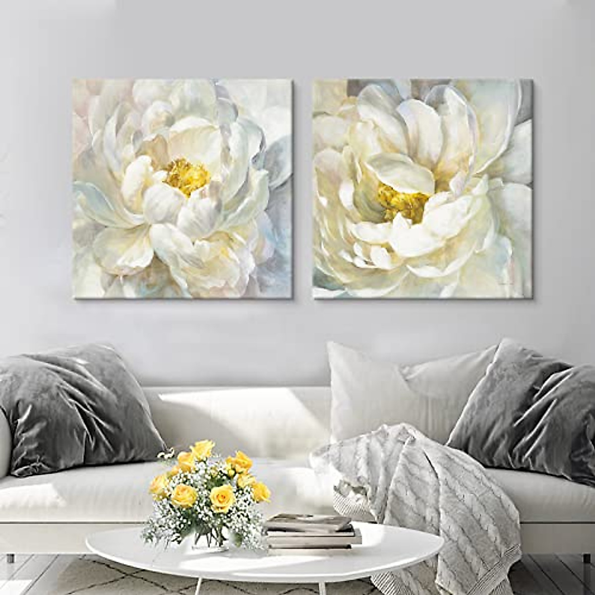 SEVEN WALL ARTS Flower Canvas Wall Art Peony Floral Pictures Set Abstract White and Yellow Blossom Paintings for Bedroom Bathroom Kitchen Office Living Room Wall Decor 24"x24"x2pcs