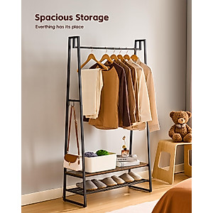 Asgolion Clothing Rack, Clothes Rack for Hanging Clothes, Garment Rack with 2 Shelves and 4 Hooks, Metal Standing Clothes rack for Bedroom, Closet, Rustic Brown