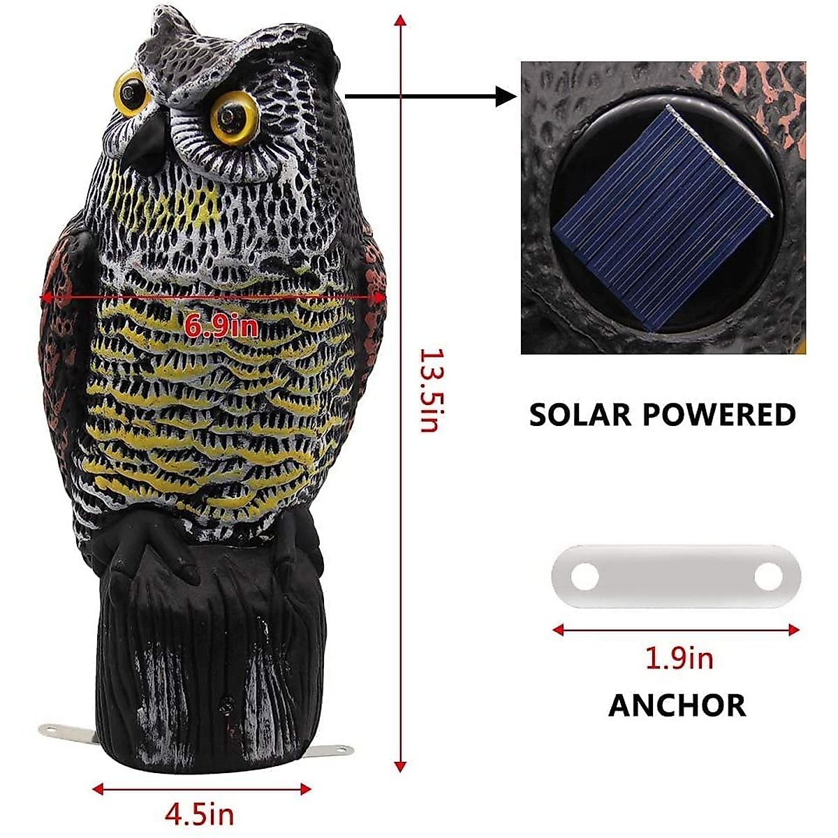 Hausse Solar Fake Horned Owl Statue, Solar Powered Halloween Motion Activated Scarecrow Deterrent Owl with Red Eyes, Scary Sound Scare Birds Away for Garden Yard Outdoor