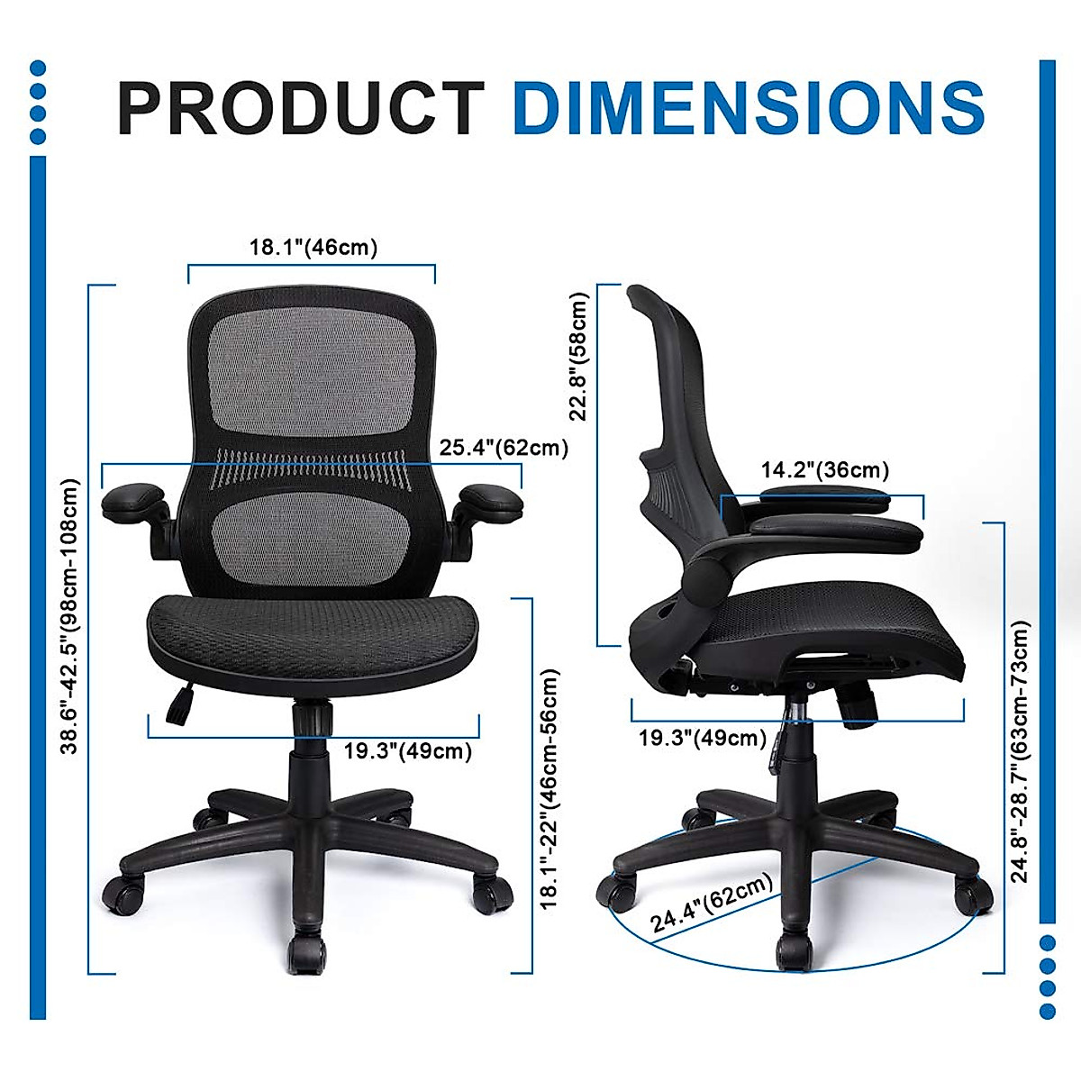 Funria Mid Back Mesh Office Chair Adjustable Ergonomic Swivel Executive All Mesh Task Chair with Flip Up Armrests Lumbar Support Computer Desk Chair