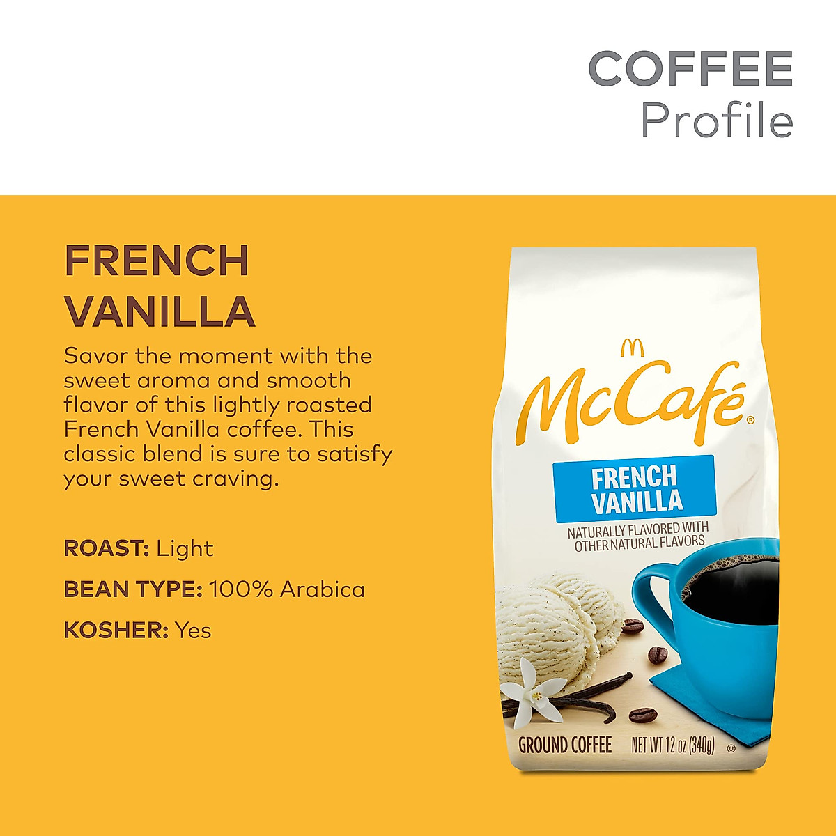 McCafe French Vanilla, Flavored Light Roast Ground Coffee, 12 oz Bag