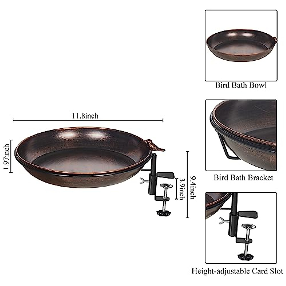 DREAMSOUL Deck Mounted Bird Bath Metal Birdbath Bowl Unheated with Lightweight Detachable, Bird Baths with Adjustable Sturdy Steel Clamp for Deck Railing Balcony Yard Outdoors Garden Decoration