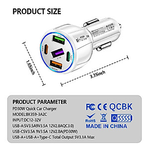 75W Ultra-Fast Car Charger, 30W/QC3.0/Type C 5-Port Smart Shunt 12 Volt Car Adapter Cigarette Lighter USB Charger Compatible with iPhone 14 Pro MAX/13,MacBook Pro,iPad Pro (3USB+2PD White)