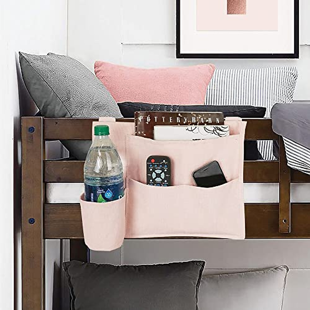 mDesign Cotton Canvas Bedside Hanging Storage Organizer Caddy for Dorm, Bedroom Bed Frame - 4 Pockets, 3 Loops - Holds Phone, Remote Control, Magazines, Bottle Drinks - Crane Collection - Light Pink
