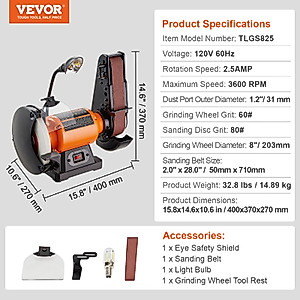 VEVOR 8 Inch Bench Grinder with 2 x28 Inch Belt Sander Combo, Bench Grinder Sander with 2.5A Induction Motor for Metalworking Sharpening Grinding
