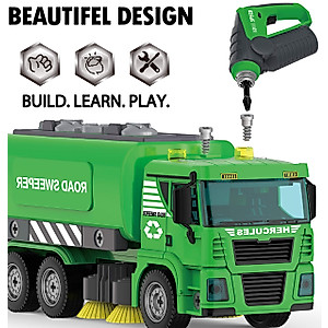 Street Sweeper Toy - 130 Pcs Friction Power STEM Take Apart Toys with Drill, Push & Go Lights & Sounds for Kids - Sanitation Trash Construction Vehicle Playset for Boys Ages 4 5 6 7 8 Years Old
