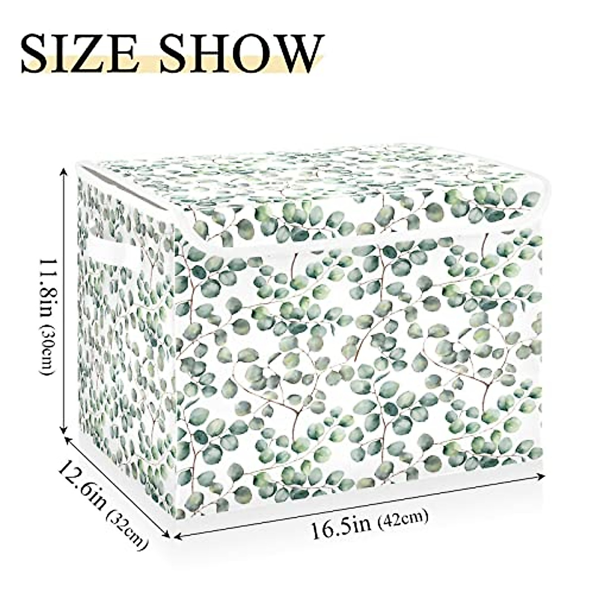 Quteprint Storage Bins with Lid, Eucalyptus Green Leaves Plant Storage Box Organizer Toys Bedroom Nursery, 16.5"x12.6"x11.8" Large Collapsible Storage Cube for Home Office Closet Shelf