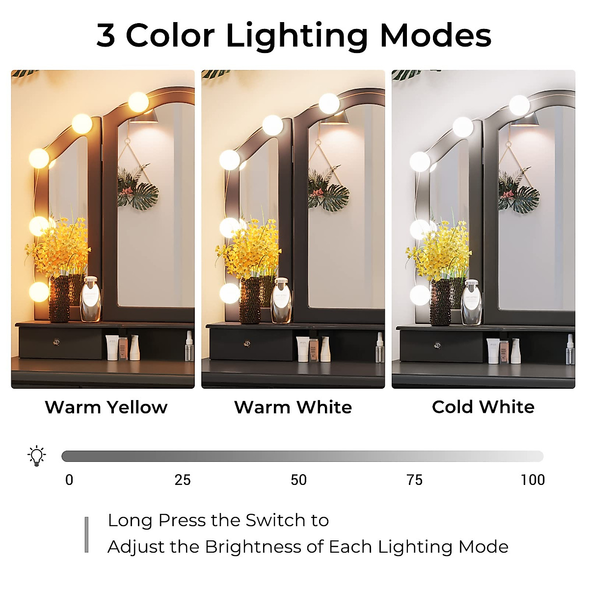 Tiptiper Makeup Vanity with Lights, Vanity Desk with 10 Light Bulbs & 3 Color Lighting Modes, Vanity Table with 5 Drawers and Cushioned Stool, Makeup Table with Tri-Fold Mirror for Women Girls, Black