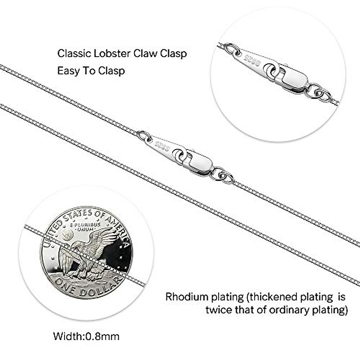 CIELTEAR 925 Sterling Silver Chain Necklace for Women 0.8mm Box Chain, Italian Necklace Chain, Super Strong & Thin & Long16/18/20/22/24 Inches