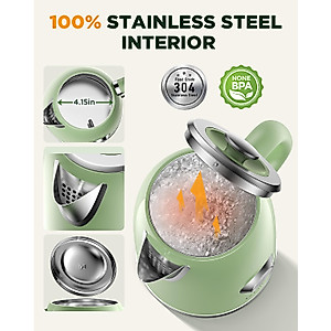 Electric Kettle, 1.8 L Hot Water Boiler Heater with Thermometer, 1500W Retro Electric Tea and Water Kettle with LED Indicator, 100% Stainless Steel, Auto Shut-Off & Boil-Dry Protection, Retro Green