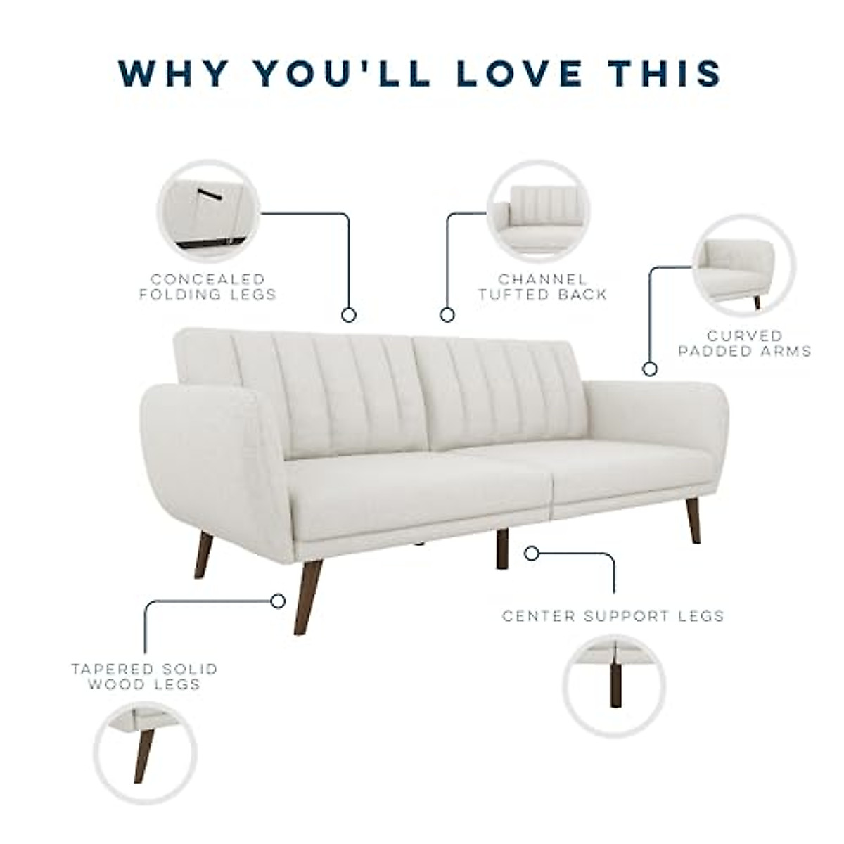 Novogratz Brittany Sofa Futon, Premium Linen Upholstery and Wooden Legs, Grey Linen