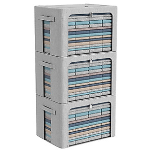 3Pack Foldable Storage Bins - Frame Storage Box Linen Fabric Stackable Clothes Container Organizer with Clear Window & Carry Handles Large Capacity (Large-66L, Light Grey)