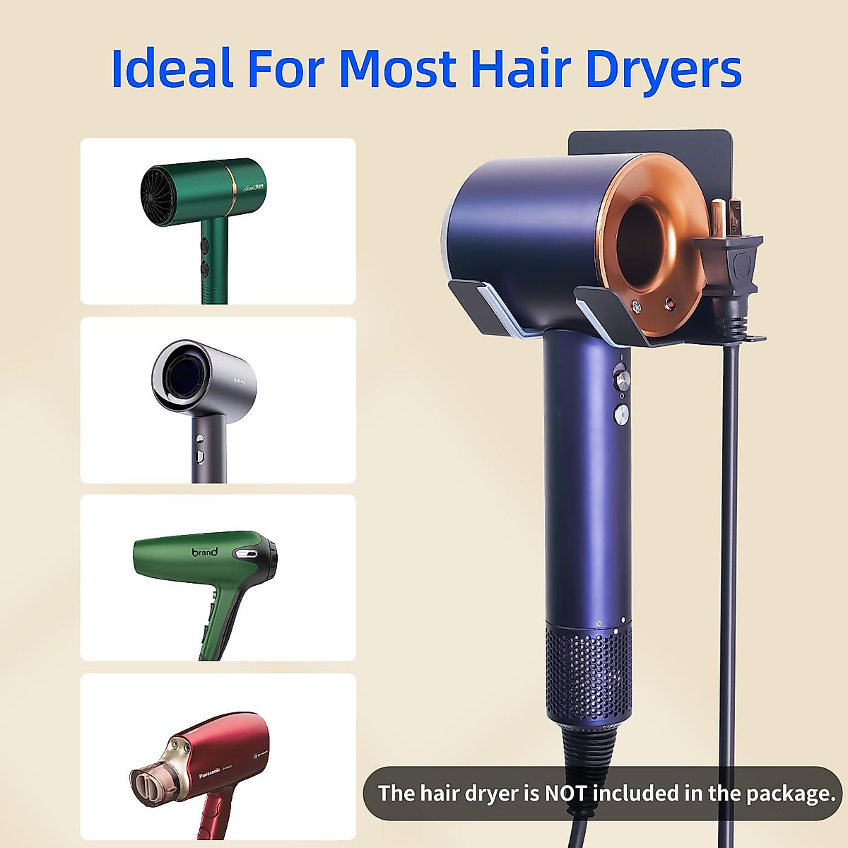 Hair Dryer Holder, Hair Tool Organizer Blow Dryer Holder Hair Dryer Holder Wall Mount Self Adhesive, Compatible for Dyson Hair Dryer Holder Cabinet Bathroom Black, PTALSEAW