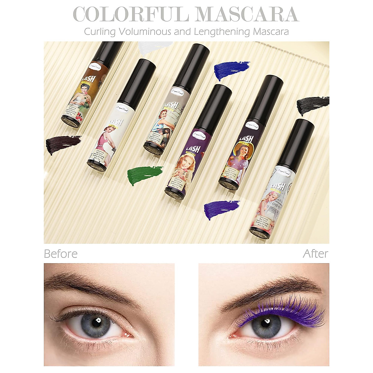 Waterproof Green Mascara Volume and Length,Long Lasting Non Clumping Curling Voluminous Colored Mascara for Eyelashes, Colorful Volumizing Tubing Mascara for Women Eye Makeup Cosplay Party-03