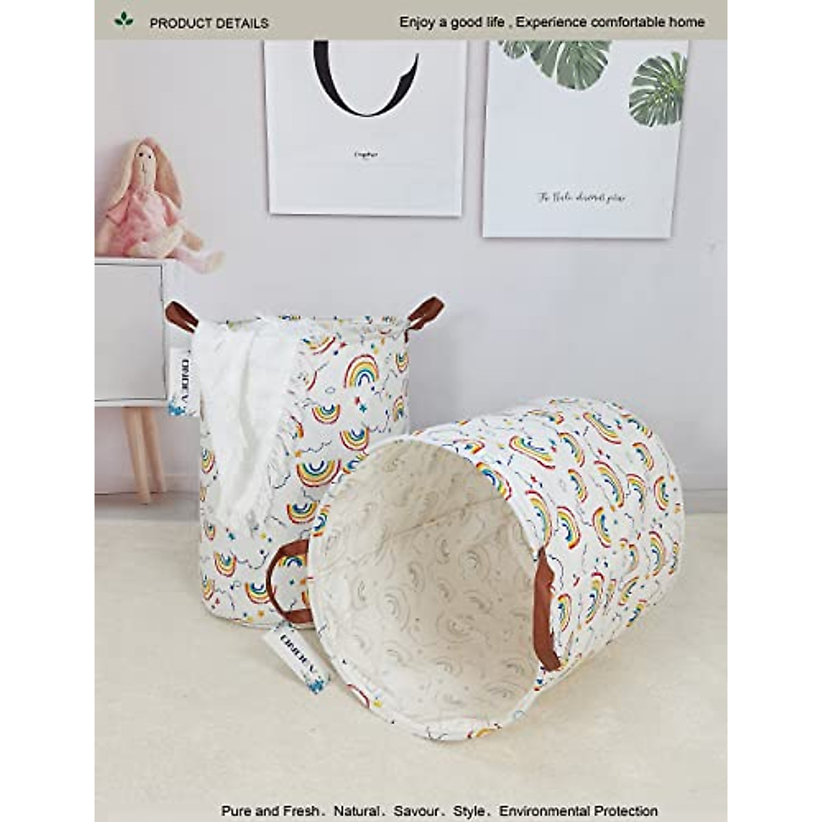 ONOEV 2 Pack Round Fabric Storage Bin,Decorative Basket,Organizer Basket with Handles,for Clothes Storage,books and sundries (2 Pack rainbow)