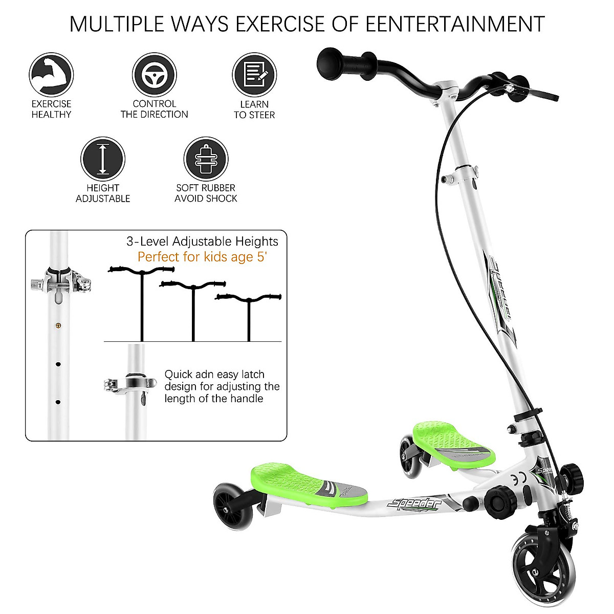 Swing Scooter, casulo Swing Wiggle Scooter, Foldable Wiggle Scooter 3-Level Adjustable | 3 Wheels Self Push Kids Scooter for Boys &Girls Age 5+ [US Stock] (Green)