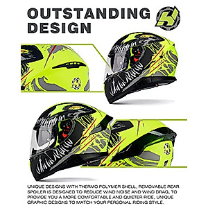 HAX Full Face Motorcycle DOT Approved Helmet with Dual Rear Wing and Pinlock Ready - Lightweight and Durable Motorbike Street Bike Helmet for Adults (Impulse Devour Yellow,S)