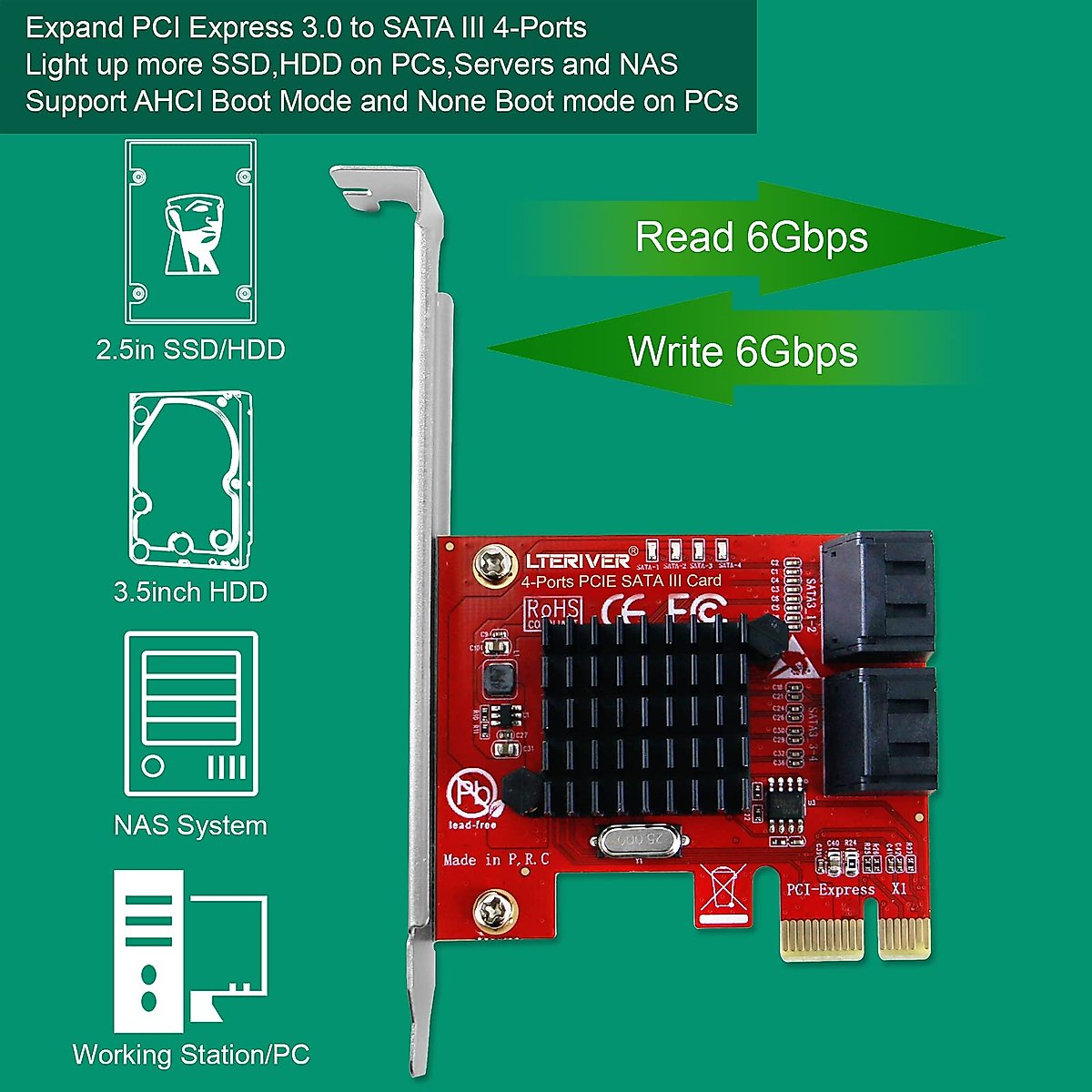 LTERIVER PCIE to 4-Ports 6Gbps SATA III Card for Windows Server, XP, 7, 8.0, 8.1, 10, 11(32/64), MAC OS and Linux Desktop PCs-4X 6Gbps Max SATA 3.0 None Raid Ports-Support AHCI Boot Up (PCE-G2S4)