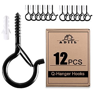 ADIIL 12 PCS String Light Hooks, Q Hanger Hooks with Safety Buckle, Windproof Outdoor Light Hooks for Hanging Patio Lights, Christmas Lights & Plants, 2.2 Inches, Black