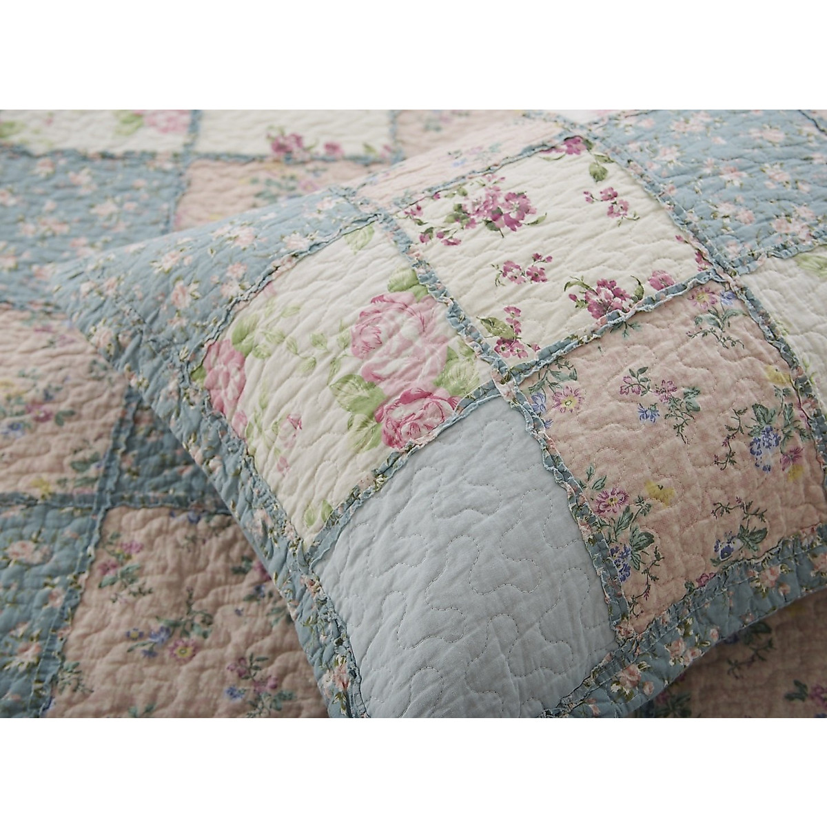 Chezmoi Collection Abbi 3-Piece Shabby Chic Bedding Queen Quilt Set Pre-Washed Cotton Floral Coverlet Bedspread Ruffled Patchwork Quilt Queen Size