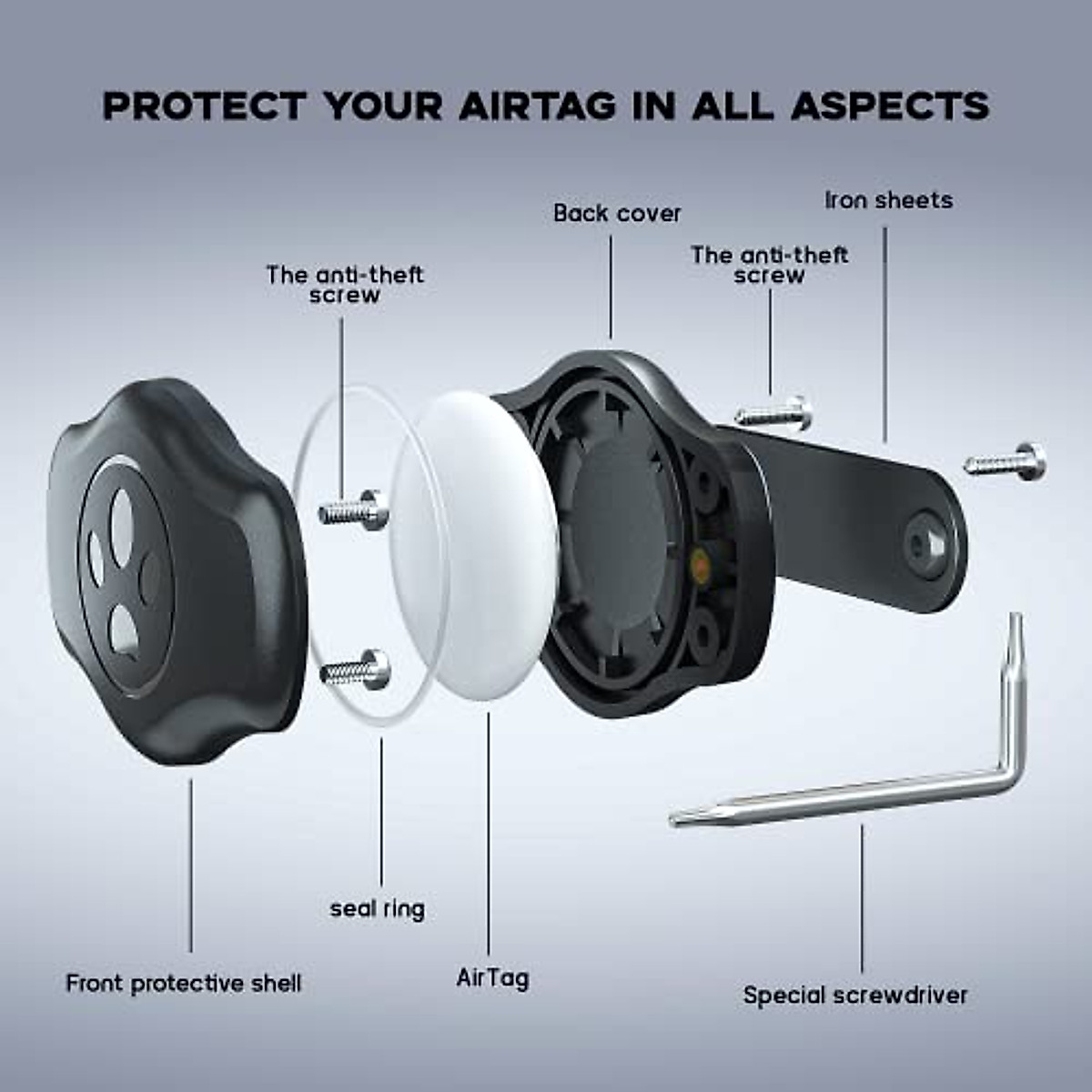 Dovick-Waterproof Airtag Dog Collar Holder Mount, Screw Case Fits All Width Air Tag Cat Pet Collar Leash Belt Black 1 Pack