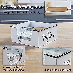 Napkin Holder for Table, Bivvclaz Rustic Metal Napkin Holders for Paper Napkins, Napkin Holders for Kitchen with Wood Accent, Flat Napkin Dispenser for Indoor & Outdoor Use, White