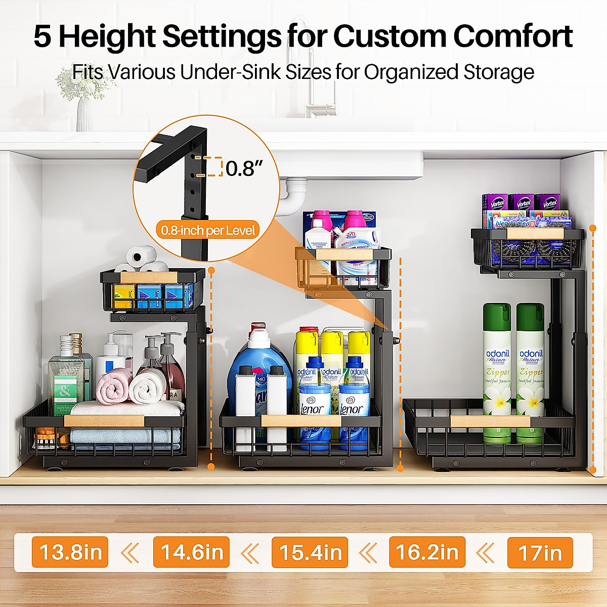 PXRACK 2 PACK Under Sink Organizer,Adjustable Height,2 Tier Pull Out Under Cabinet Organizer,Thickened Metal Shelf,Slide Out Under Sink Storage for Kitchen Bathroom Cabinet Laundry