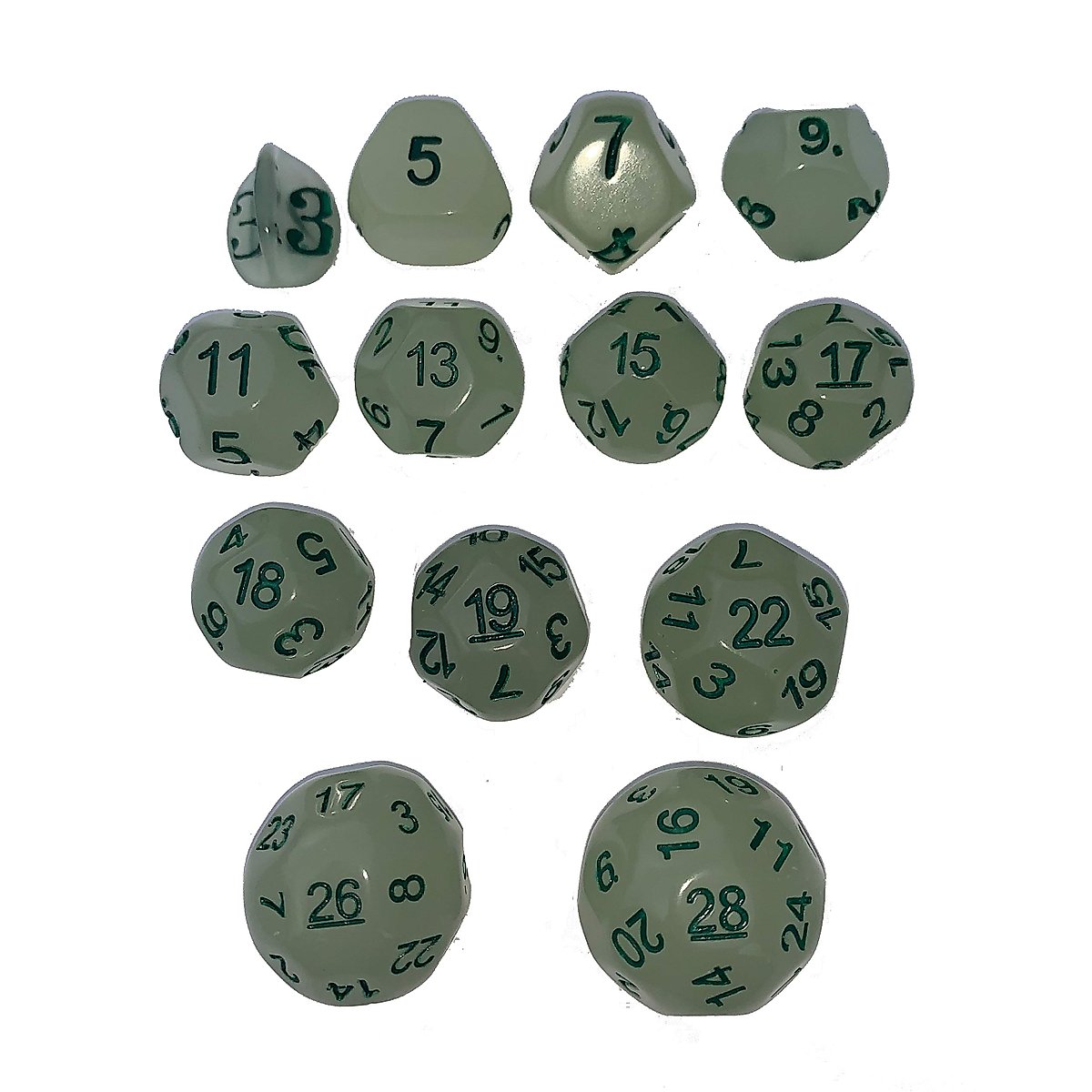 Impact! Miniatures Glow in The Dark - Weird RPG Poly Dice Set - D3, D5, D7, D9, D11, D13, D15, D17, D18, D19, D22, D26 & D28