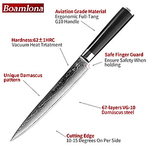 BOAMLONA Damascus Carving Knife - 8" Slicing Razor Sharp Meat Cutting Knife - Japanese VG10 Steel Core High-carbon steel Forged -Full Tang Ergonomic G10 Handle/w Sheath&Gift Box