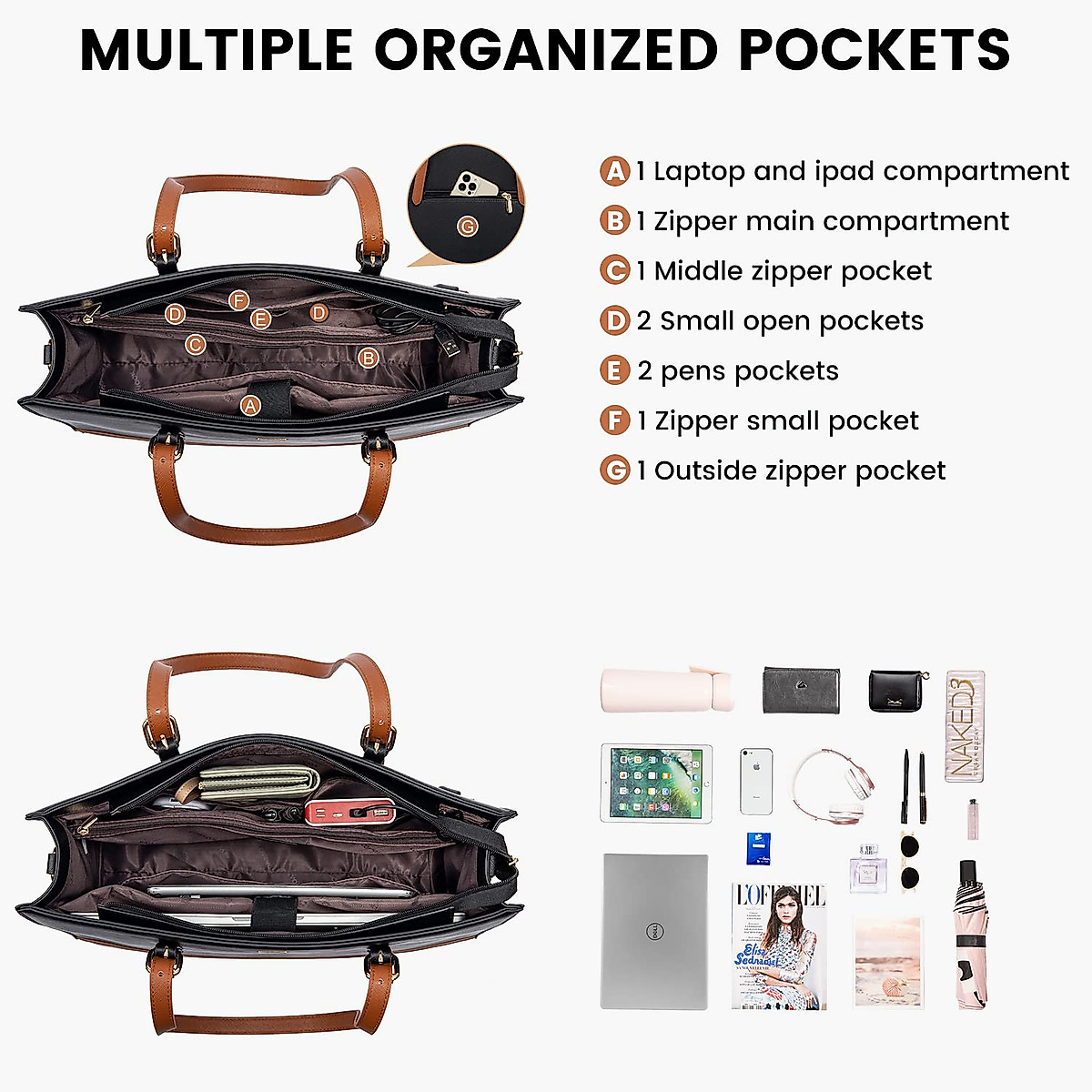 LOVEVOOK Laptop Bag for Women, Fashion Tote Bag, Large Capacity Computer bag, Vegan Leather Work Handbag, Messenger Bag Purse Set, Business Office Briefcase Fit 15.6 Inch Laptop, Black